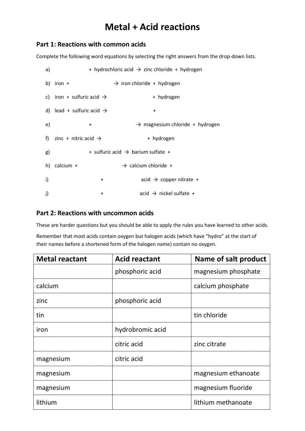 Metals and Acids | Free Interactive Worksheets | 202450