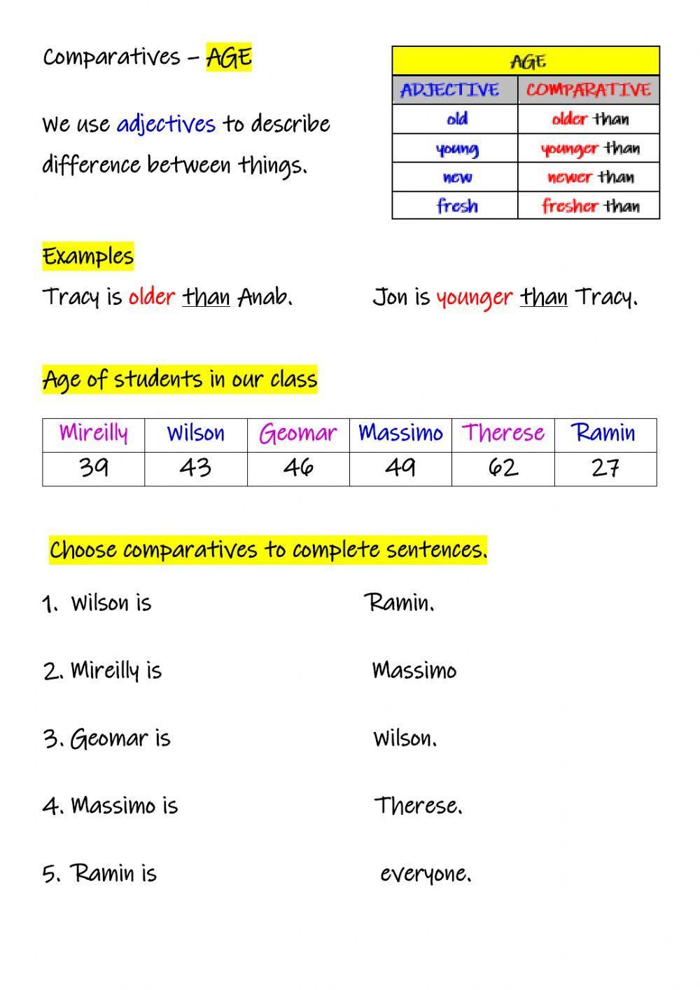 Comparatives of age worksheet | Live Worksheets