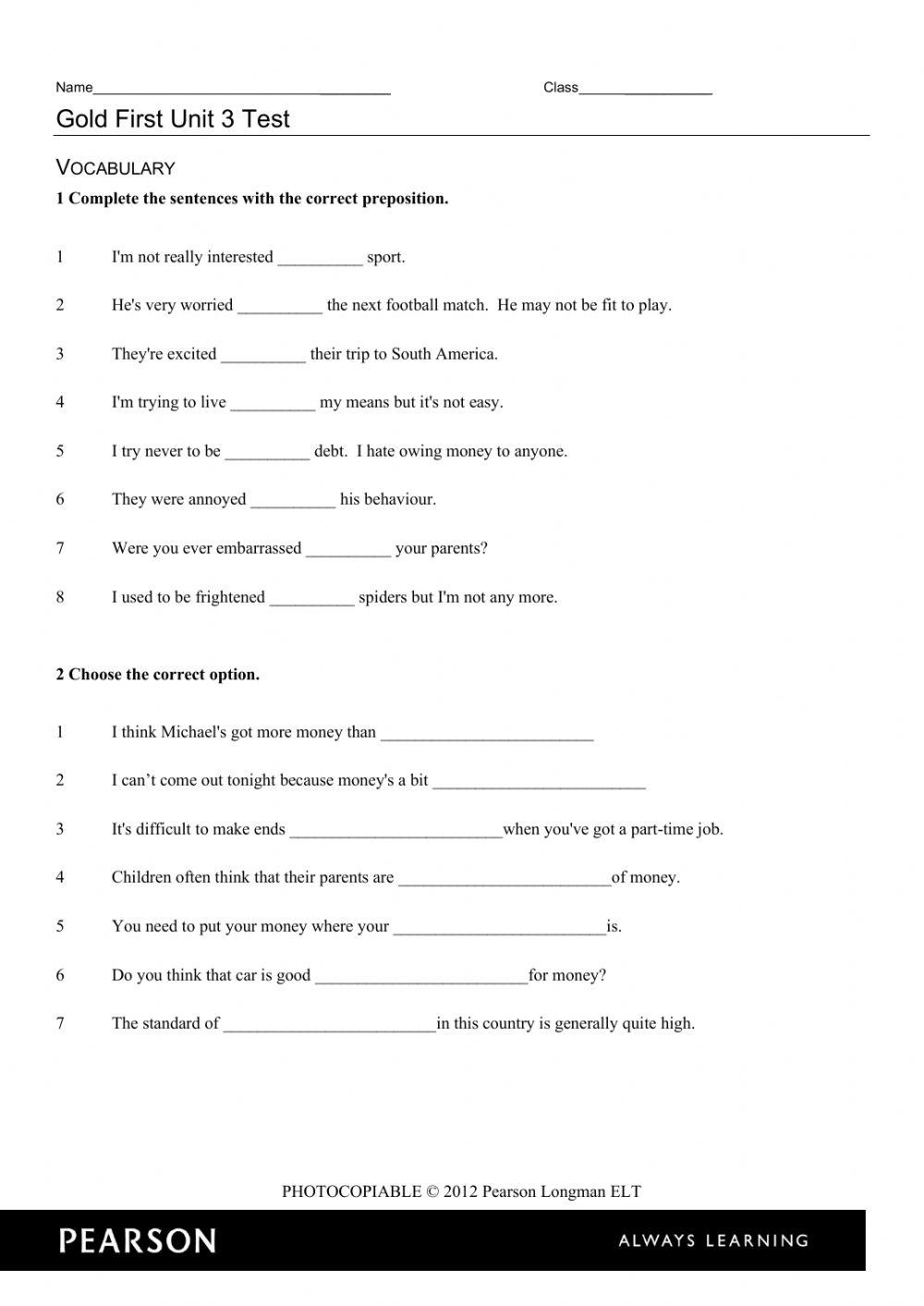 Gold FCE Unit 3 Test worksheet | Live Worksheets