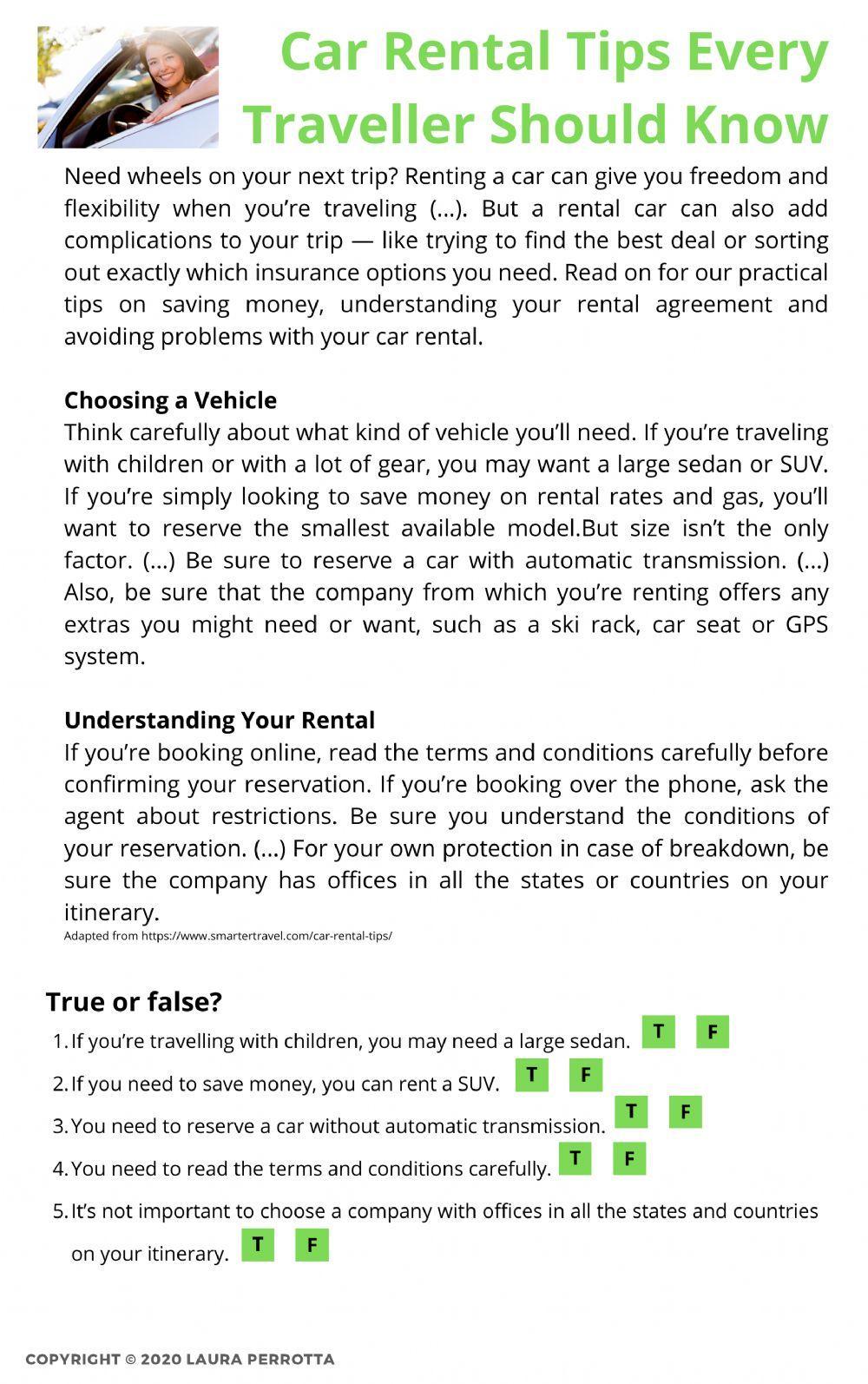 Car Rental Tips | Free Interactive Worksheets | 205286