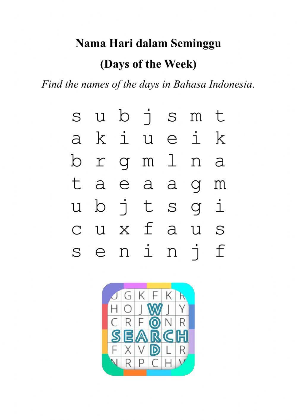 Nama-nama hari | Free Interactive Worksheets | 205422