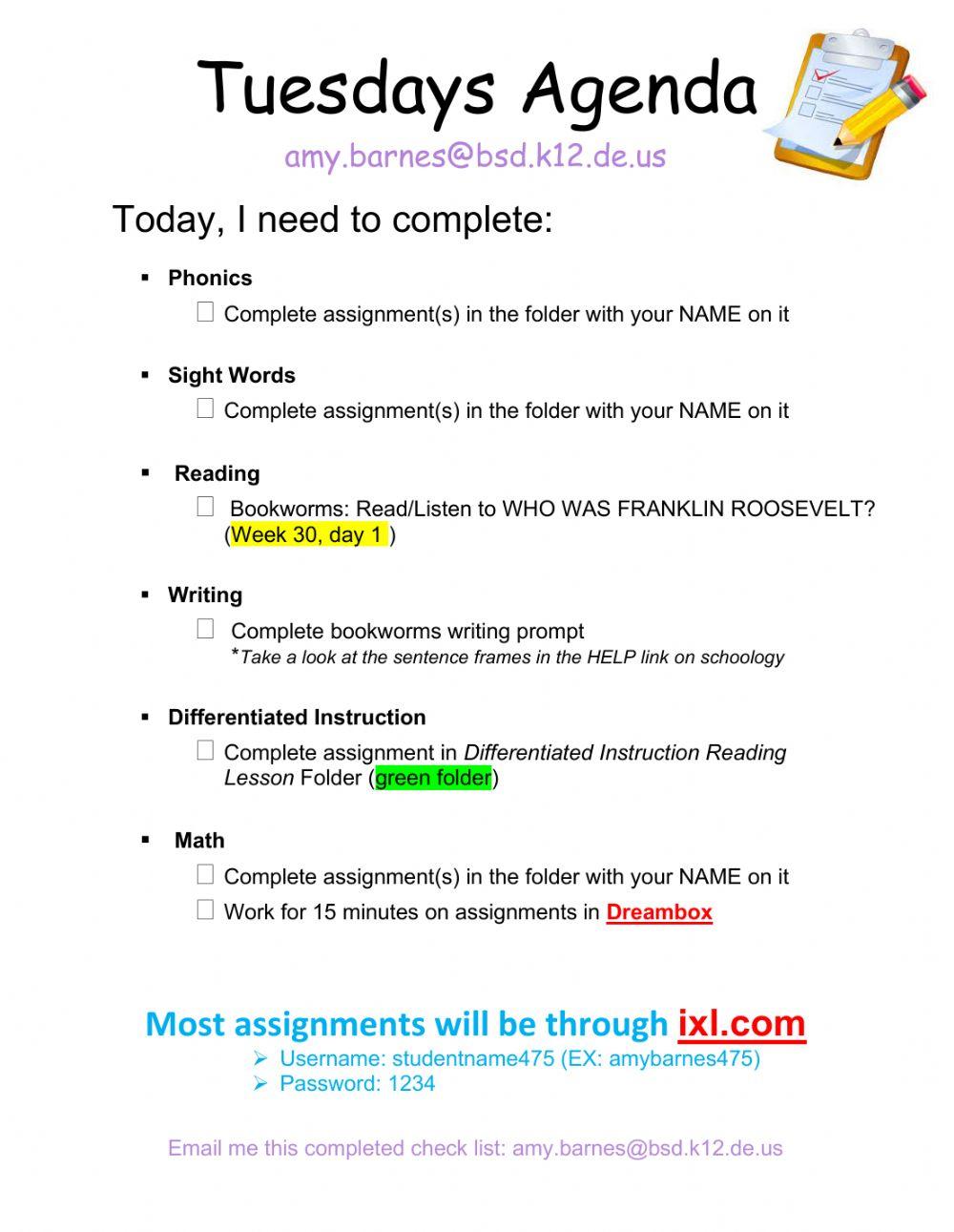 Tuesday's Agenda online exercise for grade 3 | Live Worksheets