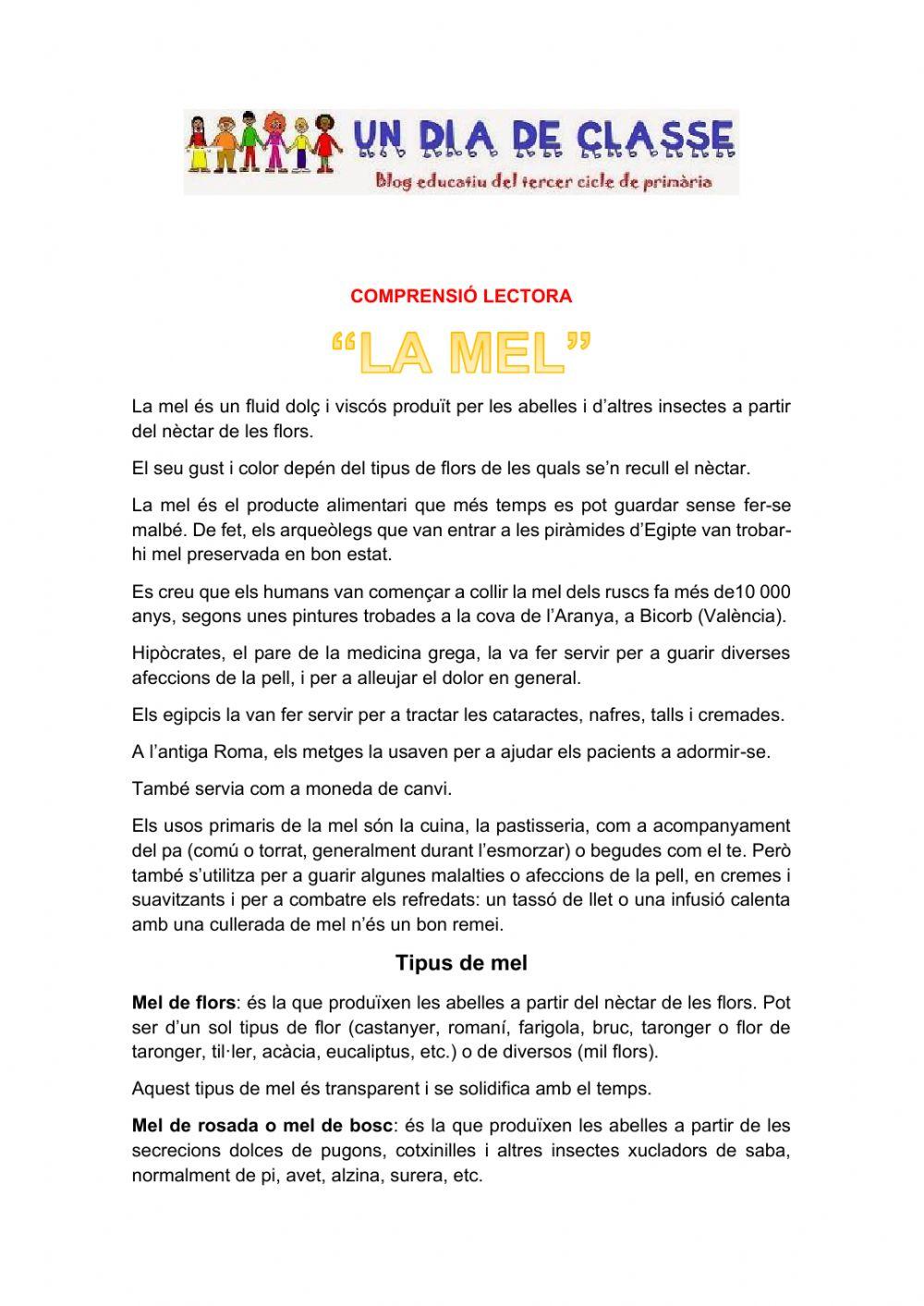 Comprensió lectora: La mel worksheet | Live Worksheets
