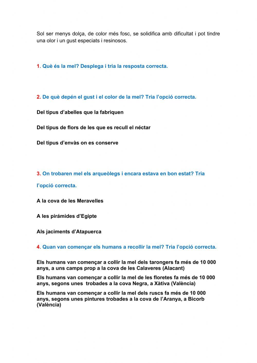 Comprensió lectora: La mel worksheet | Live Worksheets