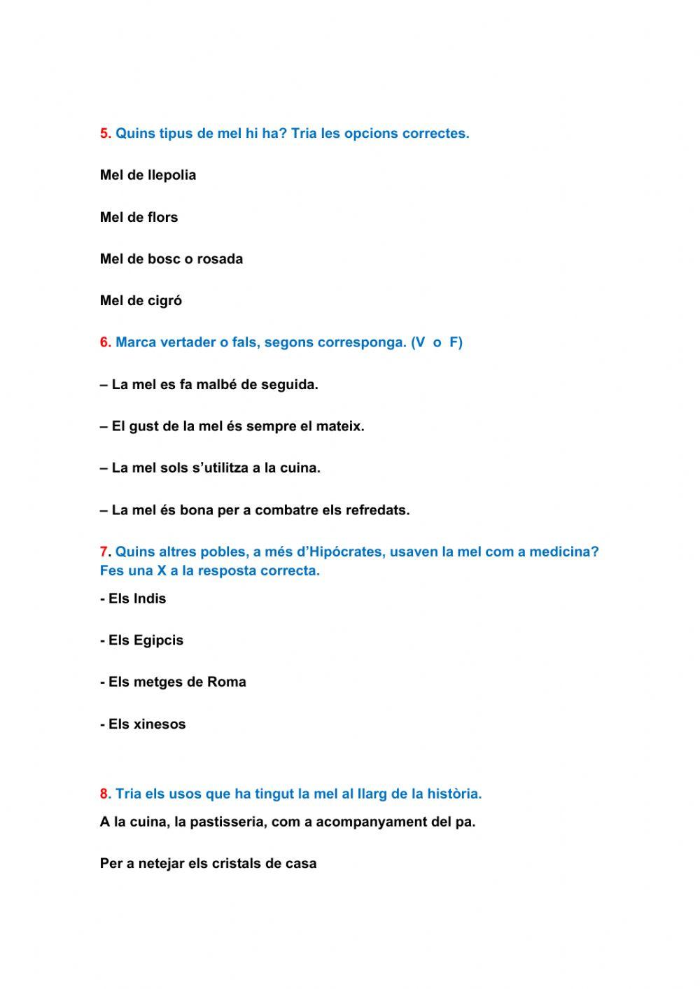 Comprensió lectora: La mel worksheet | Live Worksheets