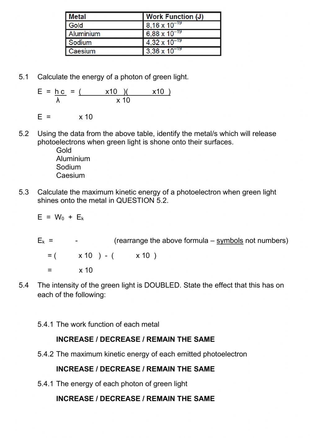 Doppler & Photoelectric test worksheet | Live Worksheets