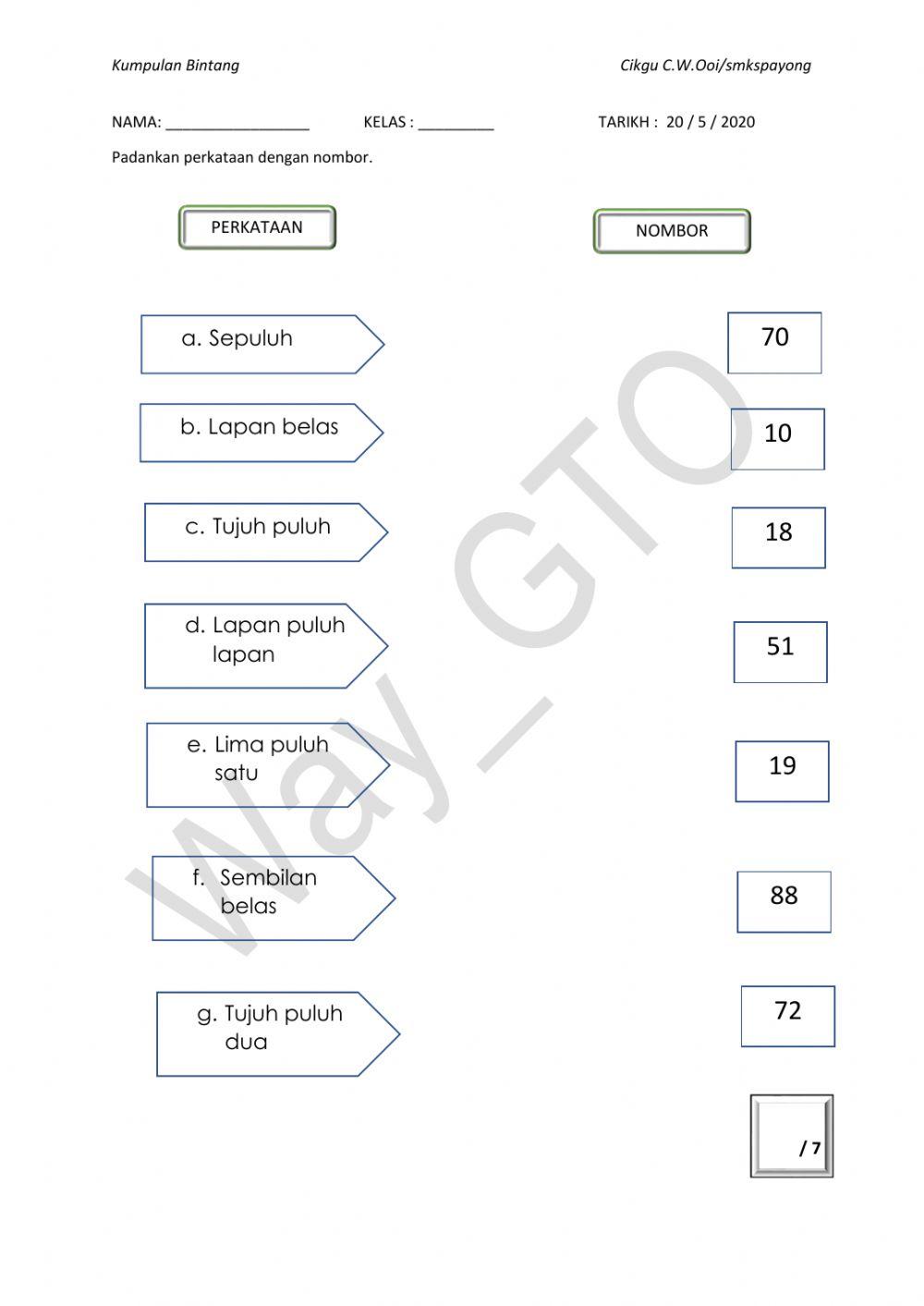 Padankan nombor dengan perkataan dalam 100 worksheet | Live Worksheets
