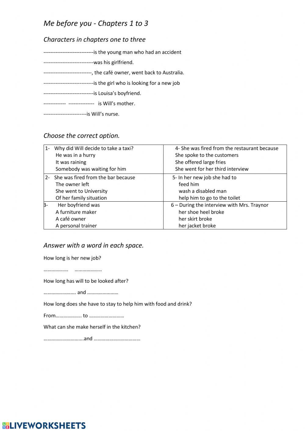 Me before you . Chapters 1 to 3 worksheet | Live Worksheets