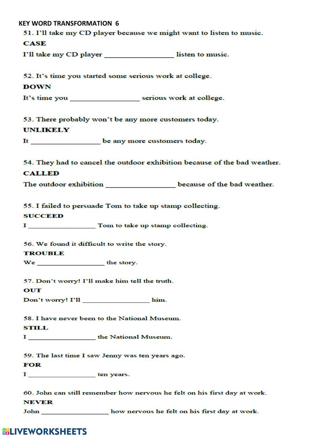 Fce word transformations 6 worksheet | Live Worksheets