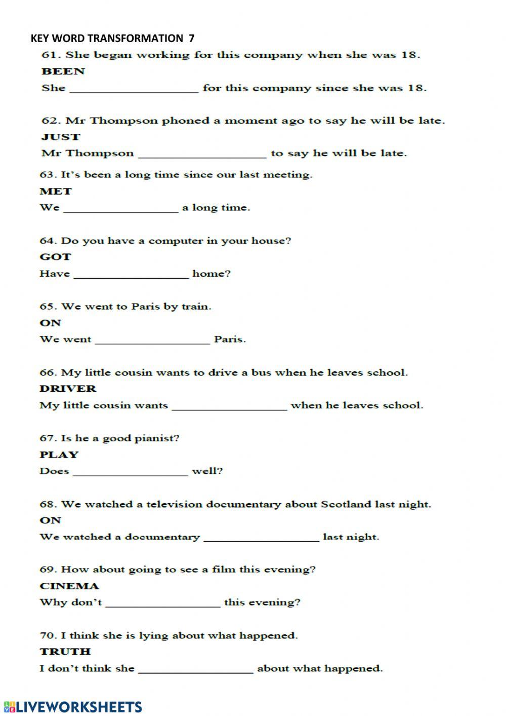 Fce word transformations 7 worksheet | Live Worksheets