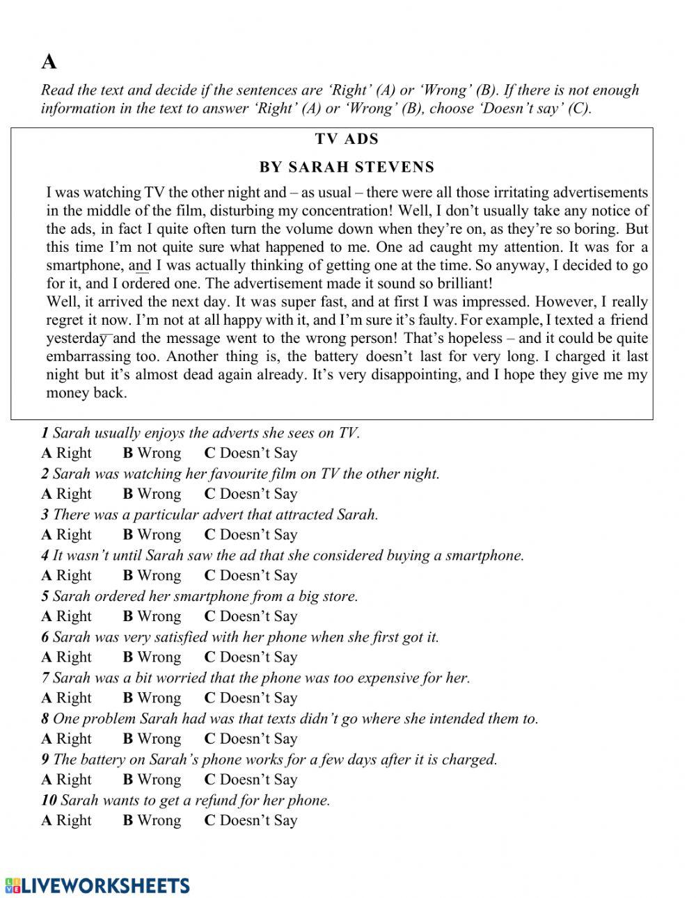 Focus 2 Reading A online exercise for | Live Worksheets
