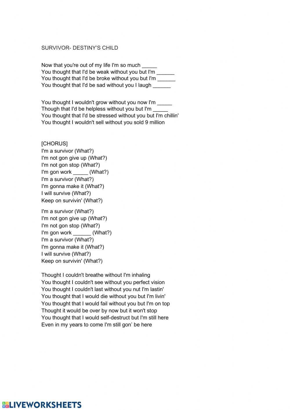 Survivor- Destiny's Child worksheet | Live Worksheets