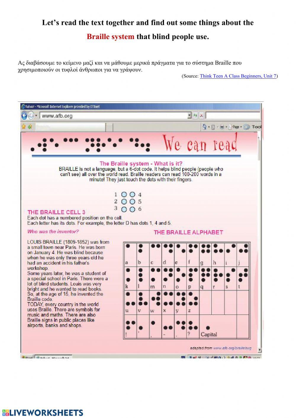 The Braille system worksheet | Live Worksheets