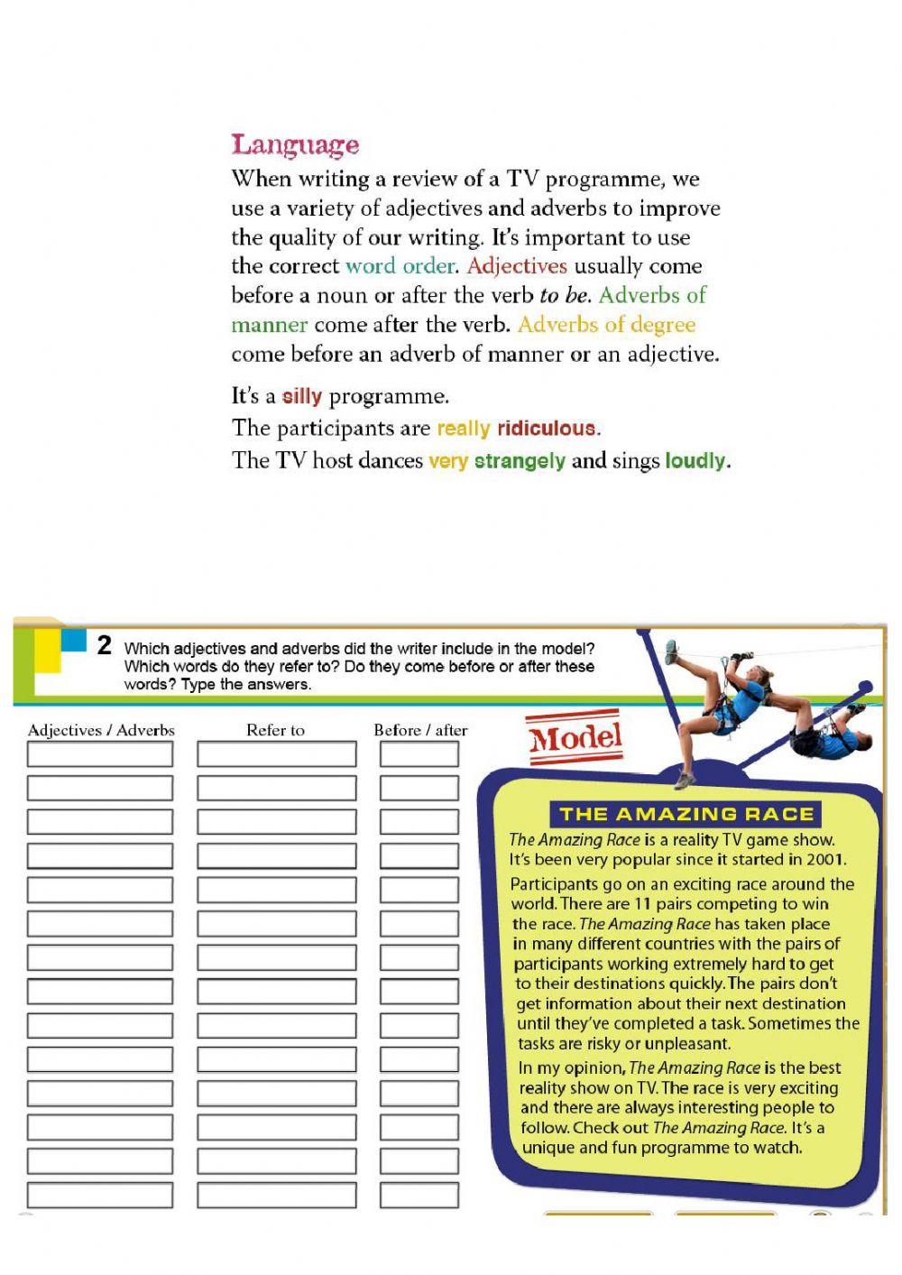 A review of a TV programme. Word order adverbs and adjectives worksheet ...