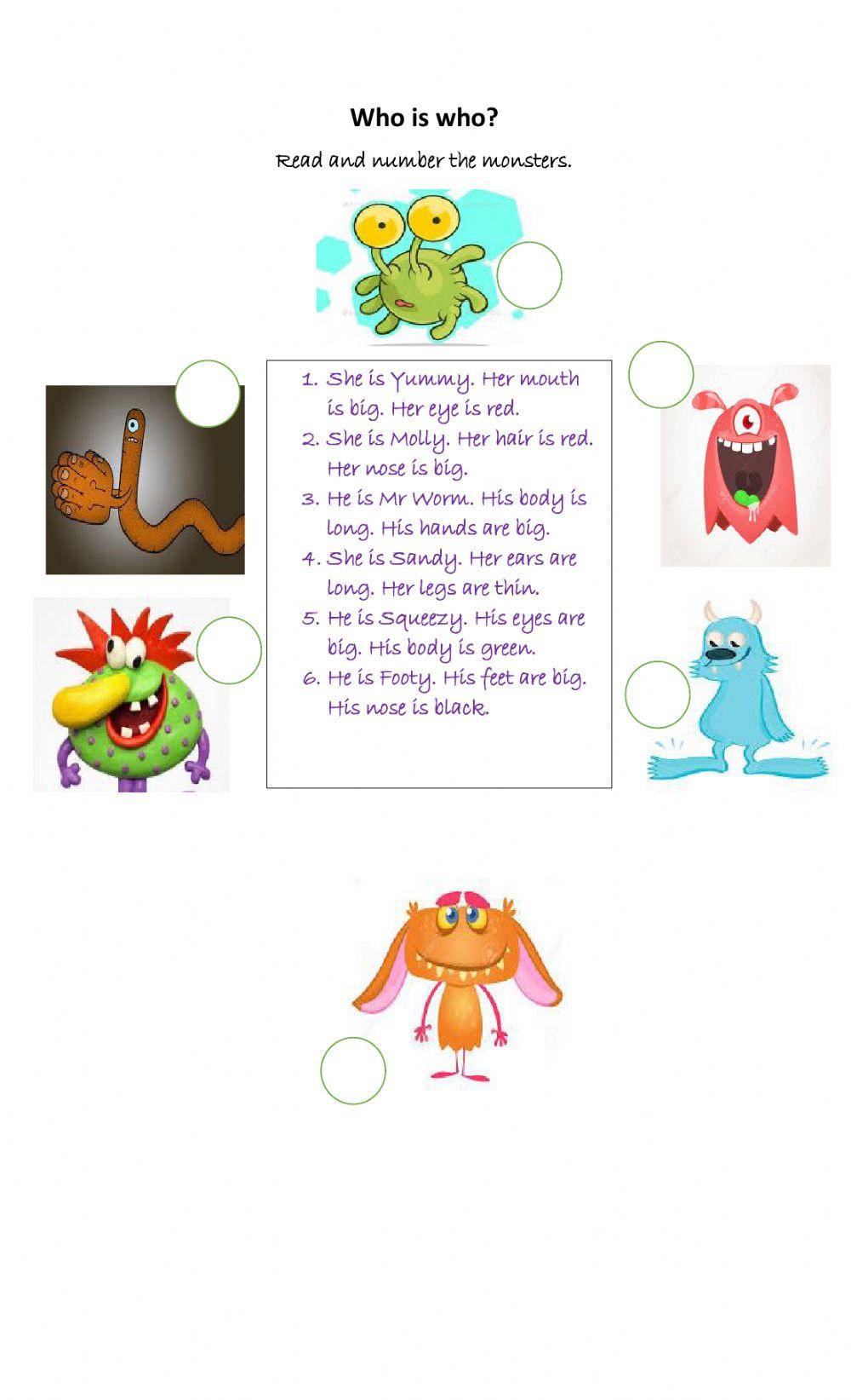 Describing monsters. His-Her. Reading comp. read and number. online ...