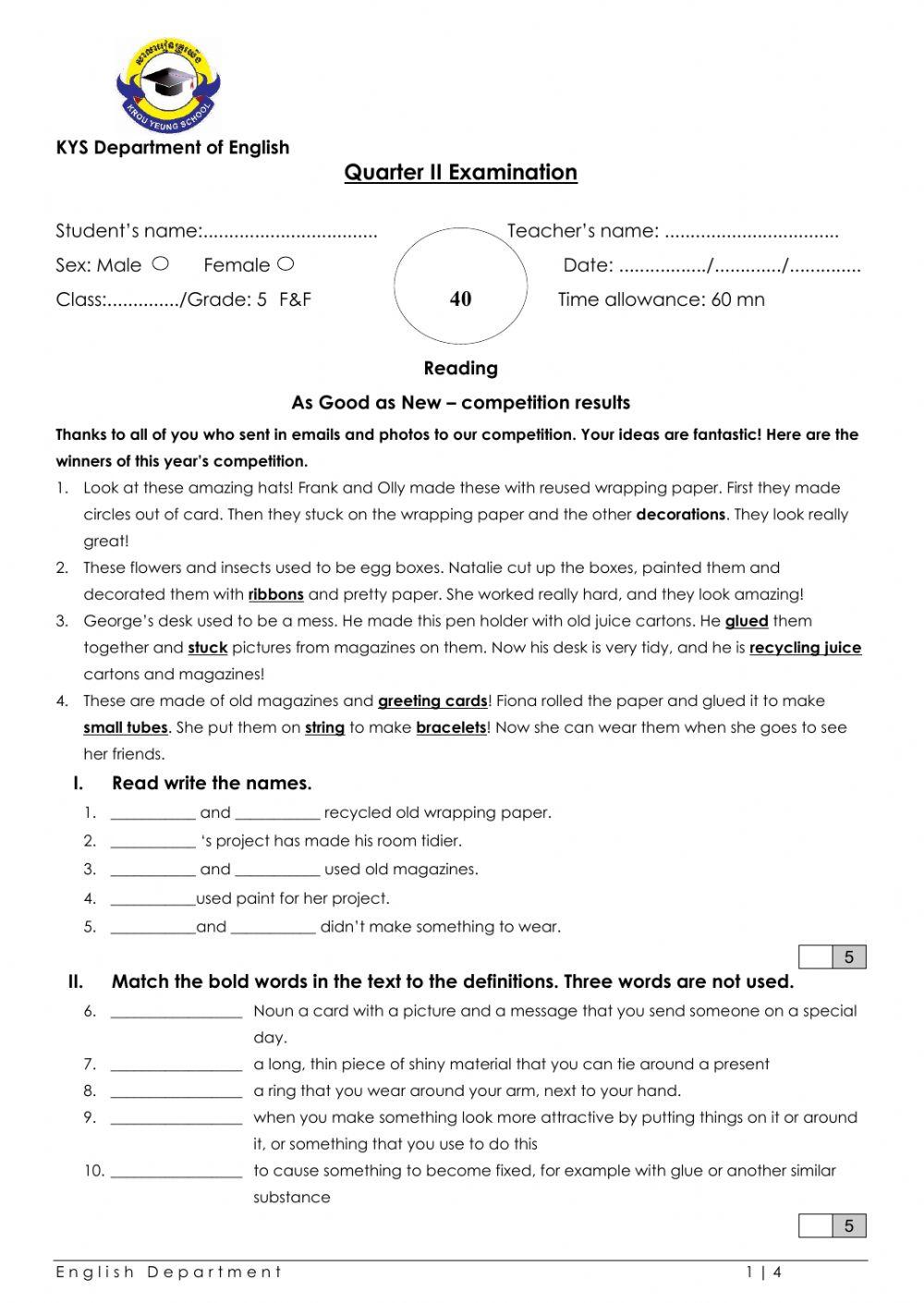 Reading FF G5 worksheet | Live Worksheets