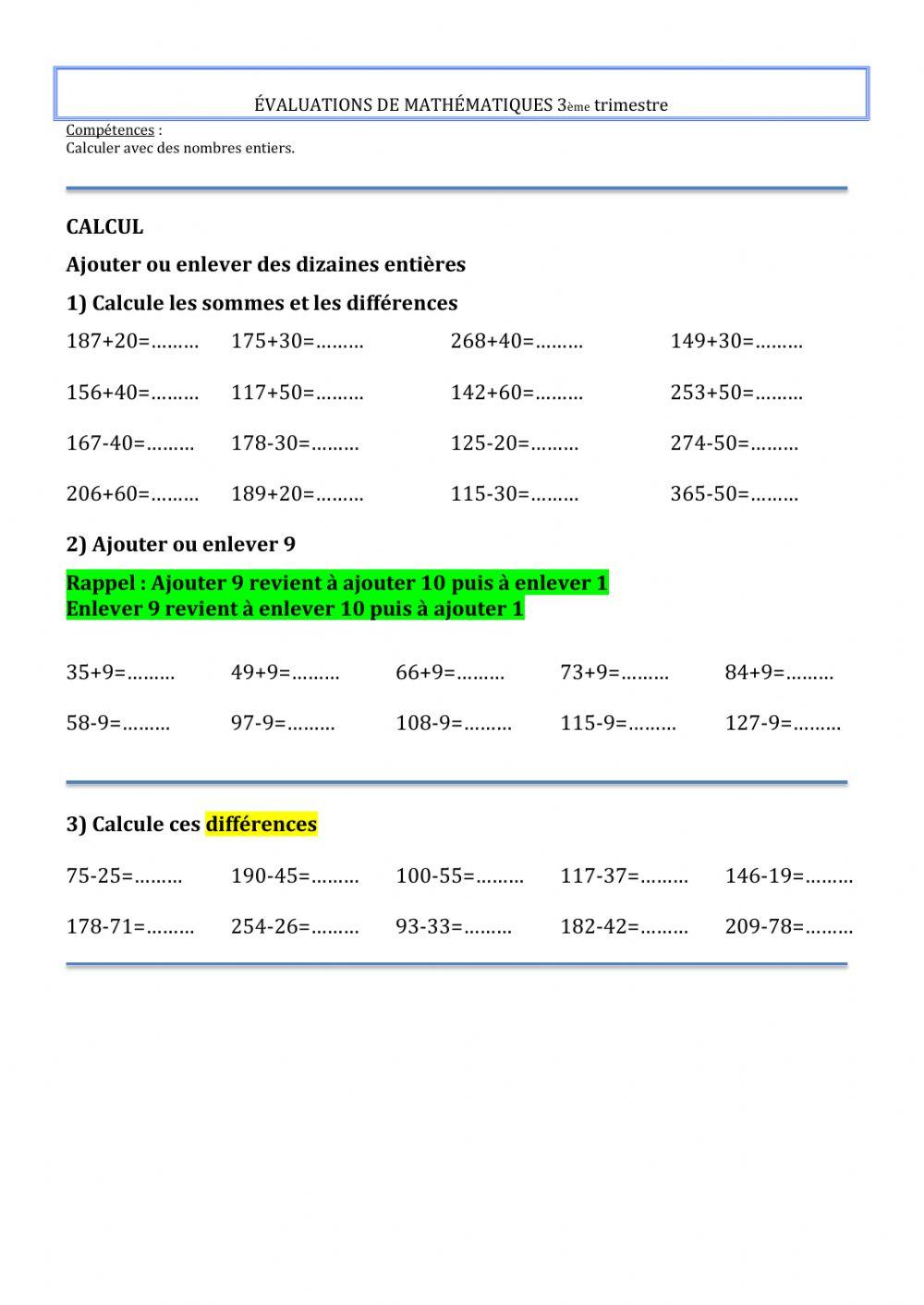 Evaluation ce1 calcul 3° trim worksheet | Live Worksheets