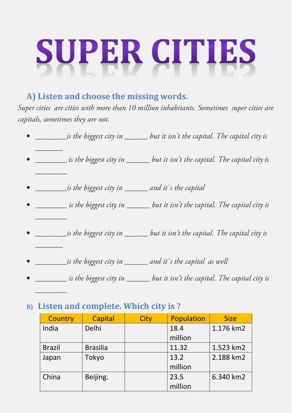 Super cities worksheet | Live Worksheets