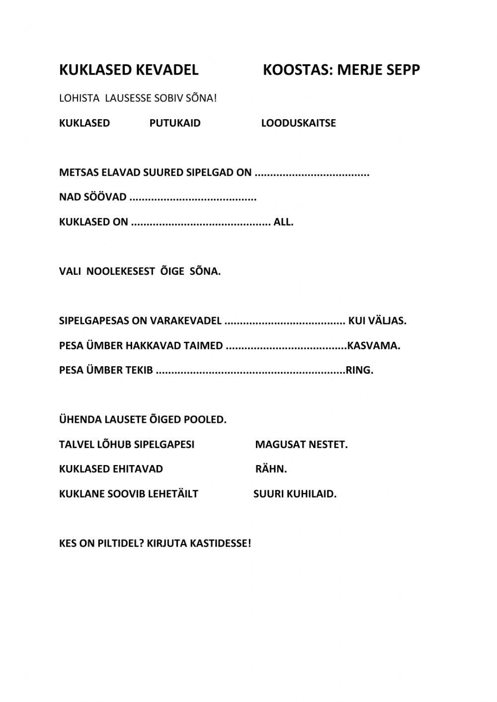Kuklased kevadel. worksheet | Live Worksheets