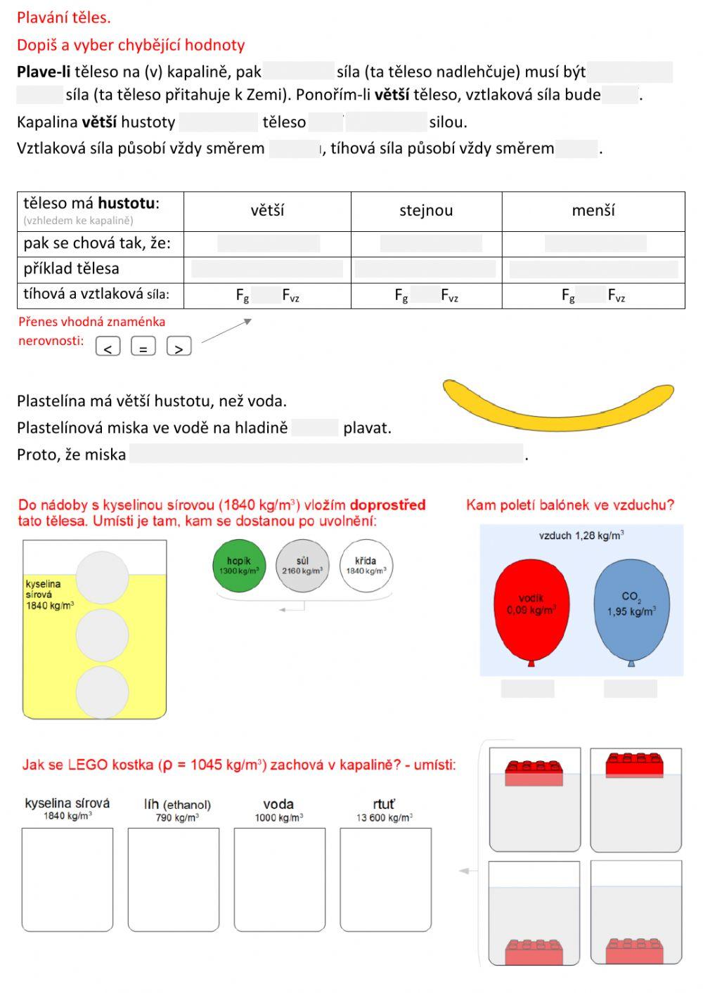 Plavání těles a hustota worksheet | Live Worksheets
