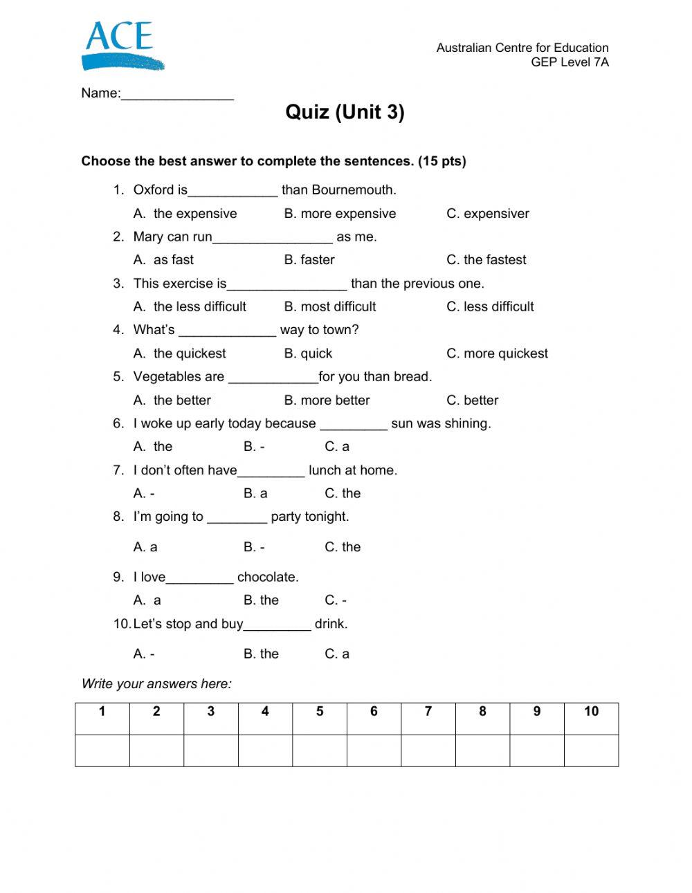 GEP 7A - Quiz (Unit 3) worksheet | Live Worksheets