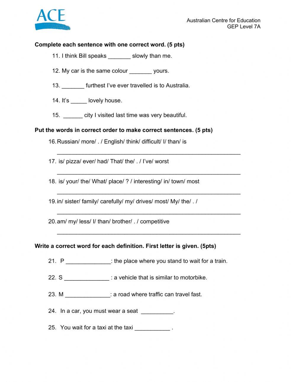 GEP 7A - Quiz (Unit 3) worksheet | Live Worksheets