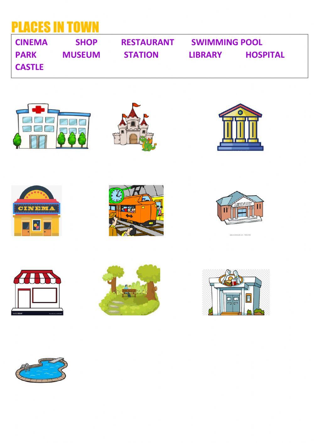 Places in town worksheet for eight | Live Worksheets