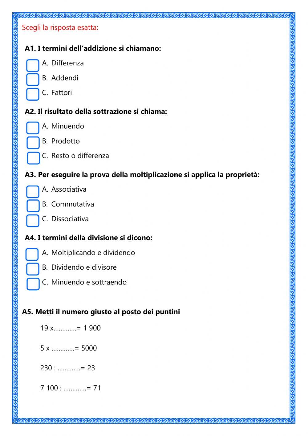 Prova matematica classi terze worksheet | Live Worksheets