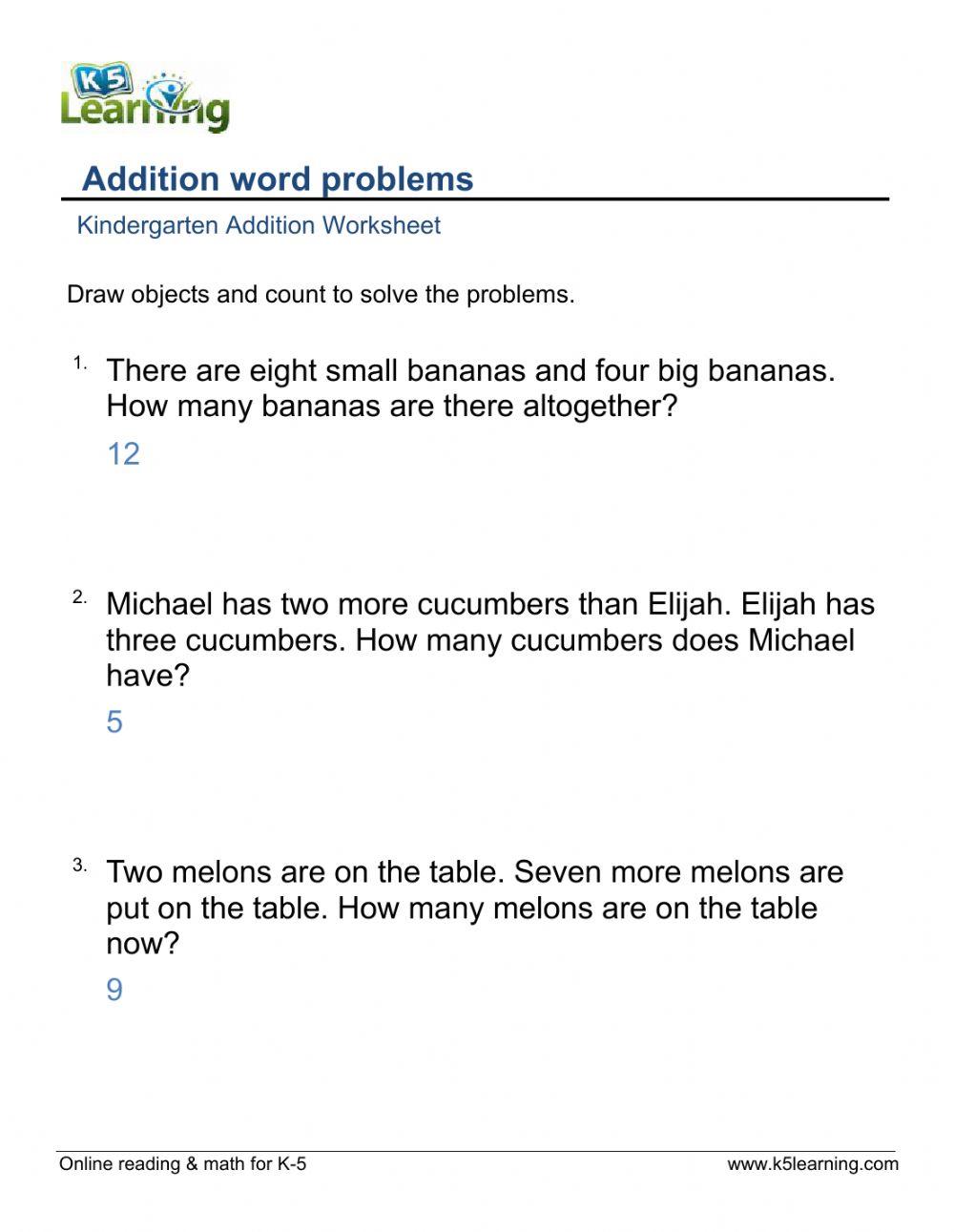 K5 Learning Addition Word Problems 3 worksheet | Live Worksheets