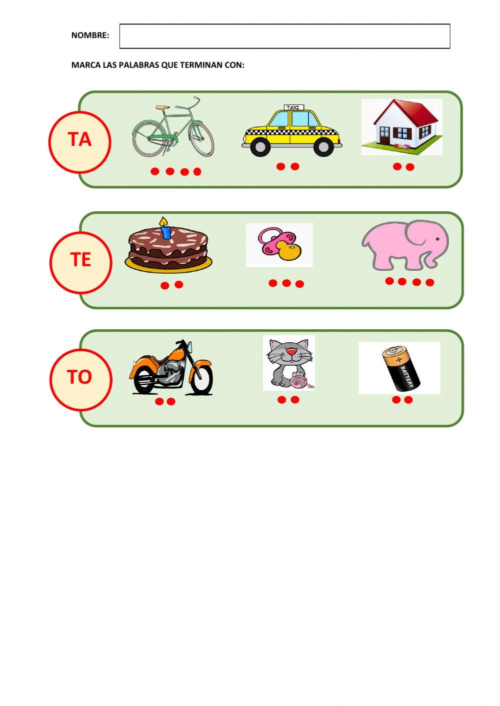 Seleccionar palabras terminadas en TA, TE Y TO