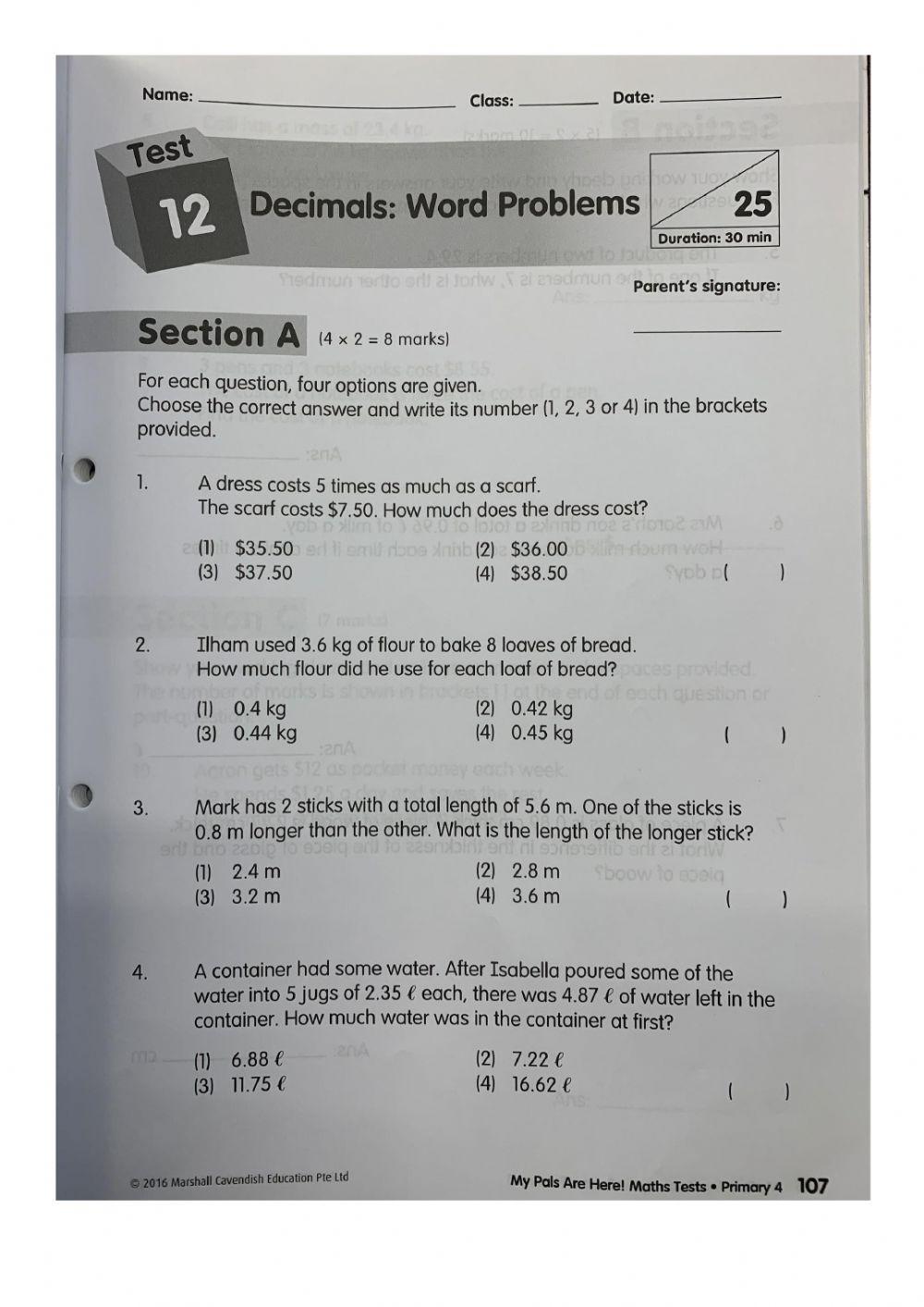 Math 4: Test 12 (Decimals Word Problems) 2250 | Leandro