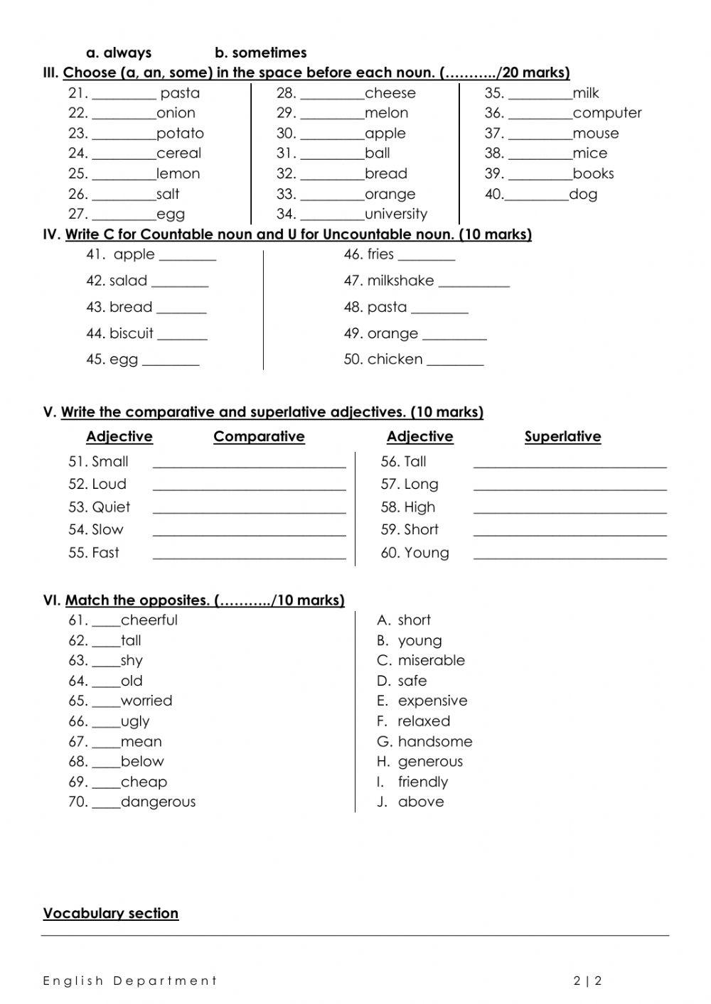 Grammar & Vocab G3 FF-3rd term exams worksheet | Live Worksheets