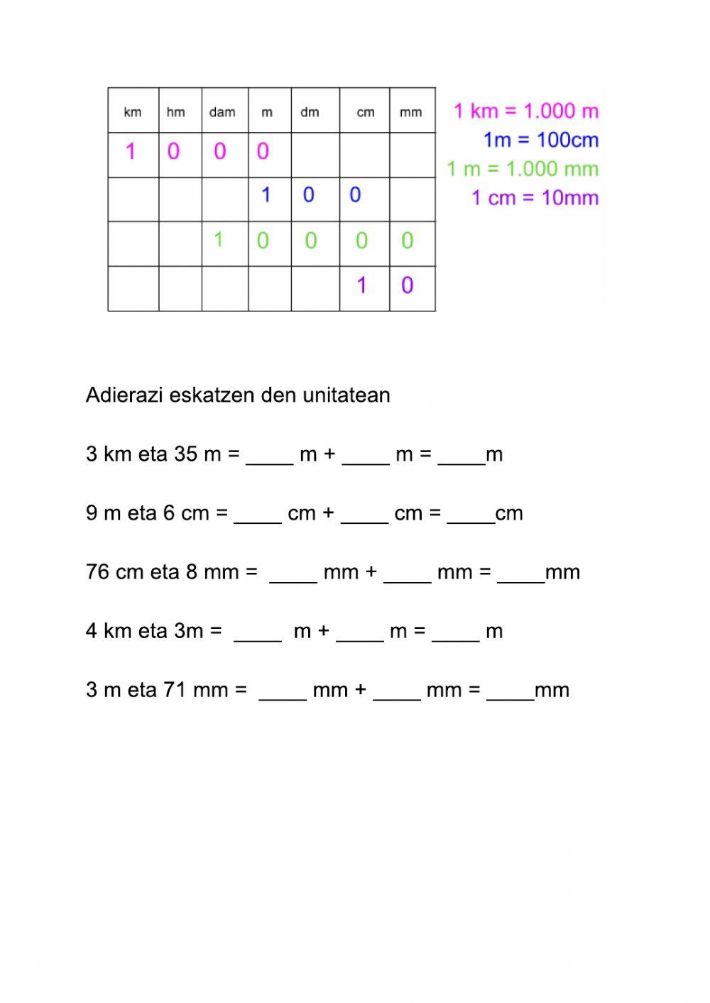 Unitate aldaketa (km, m, cm eta mm) worksheet | Live Worksheets