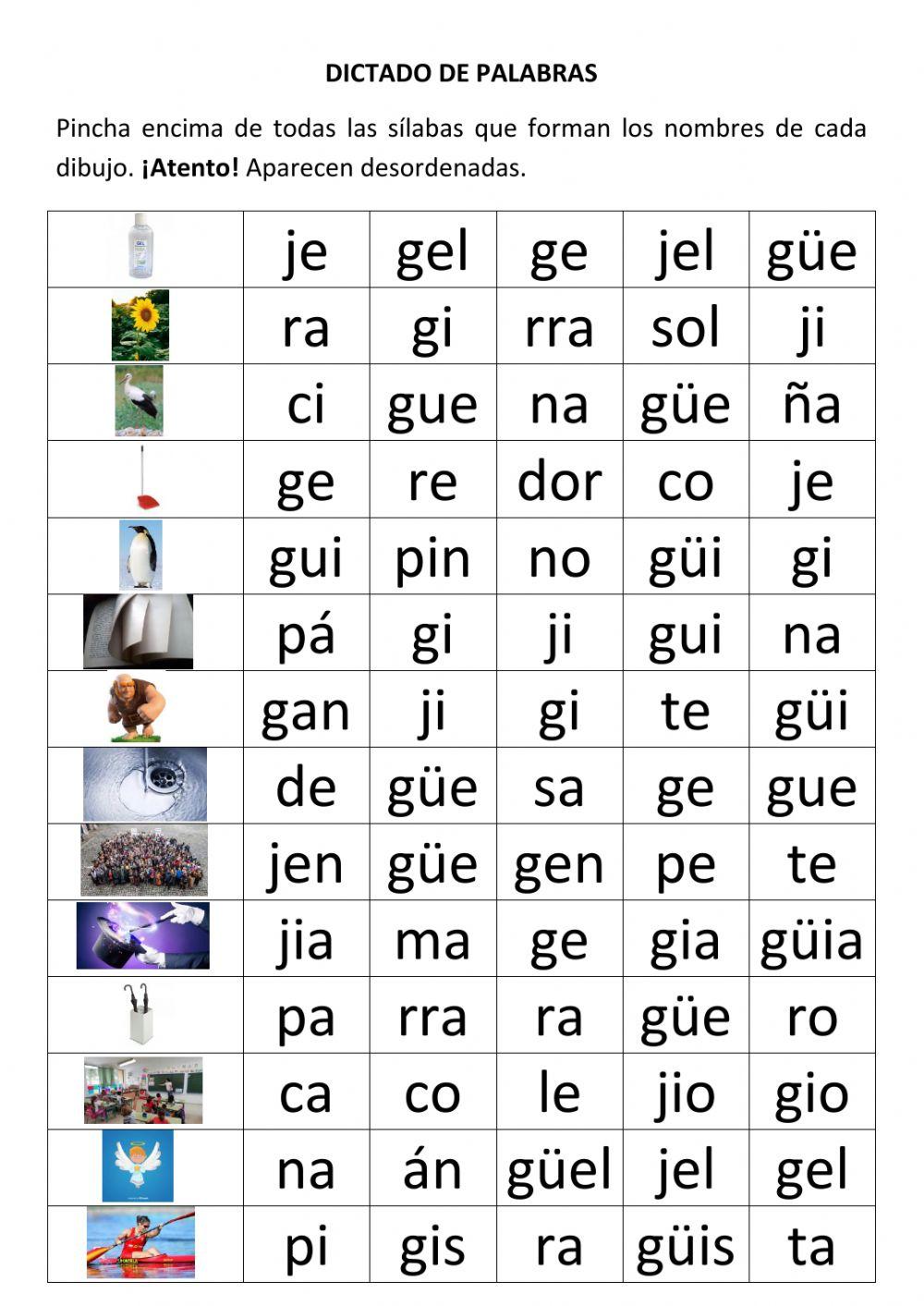 Dictado de palabras con ge, gi, güe, güi 5716082