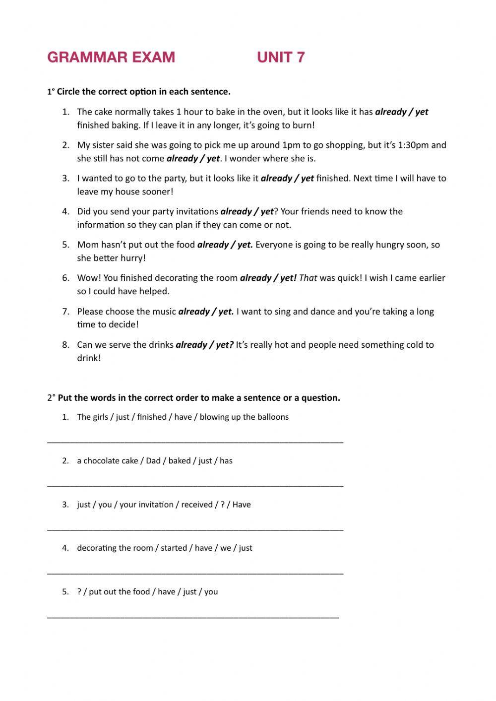 Grammar exam worksheet | Live Worksheets