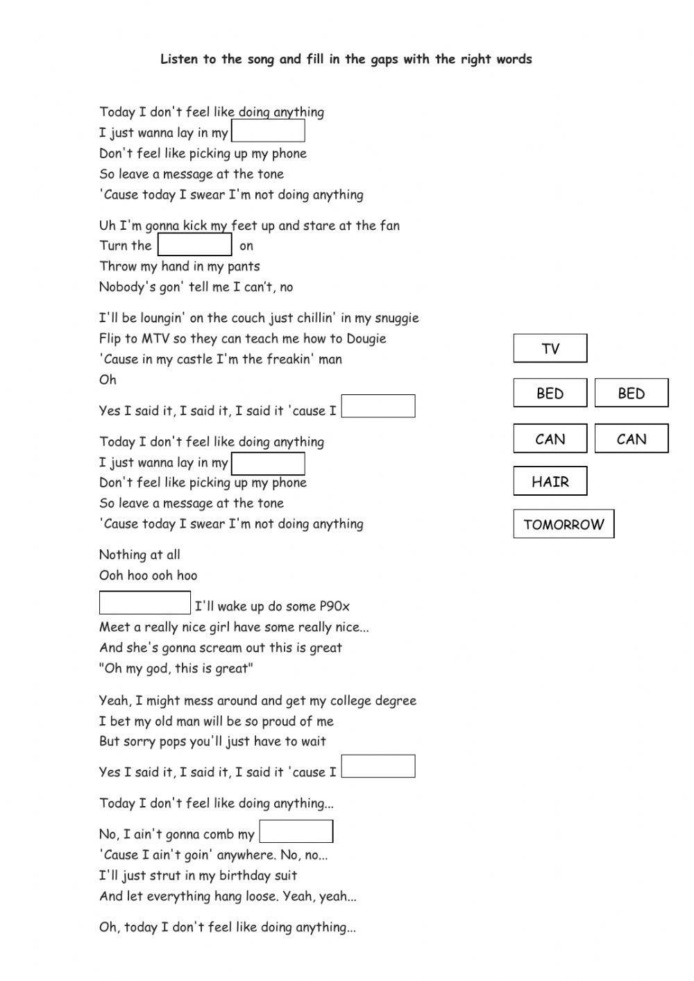 The lazy song | Free Interactive Worksheets | 218907