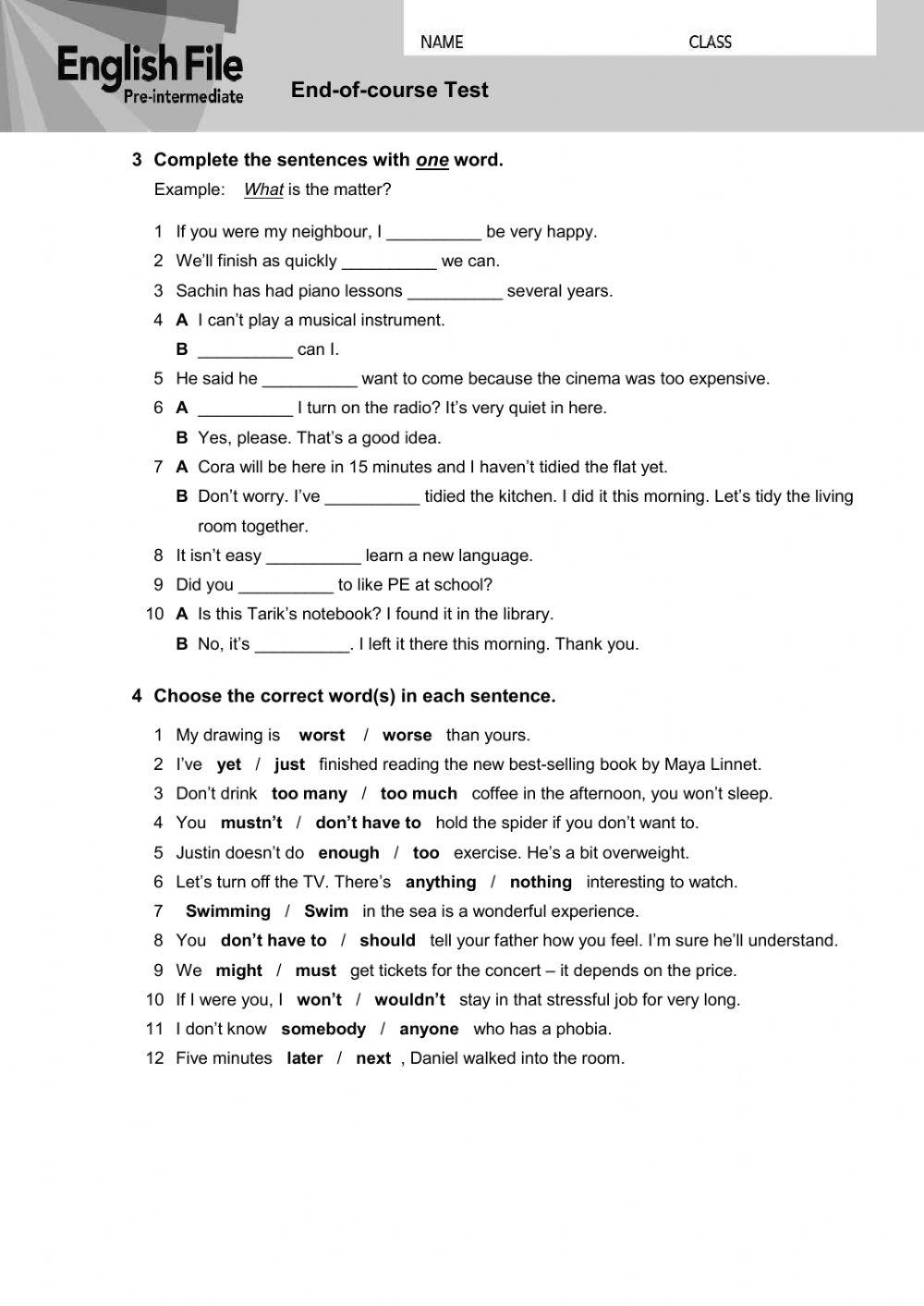 English File Pre-Intermediate End-of-year test online exercise for ...