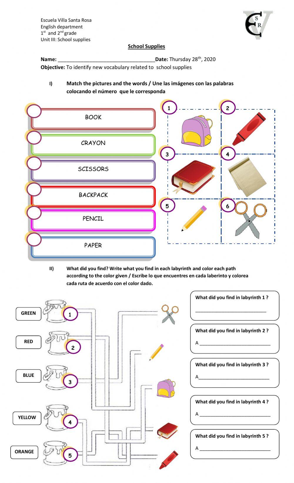 School supplies online worksheet for 1st and 2nd graders | Live Worksheets
