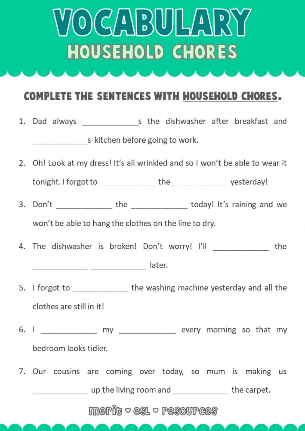 Household Chores interactive exercise for Elementary | Live Worksheets
