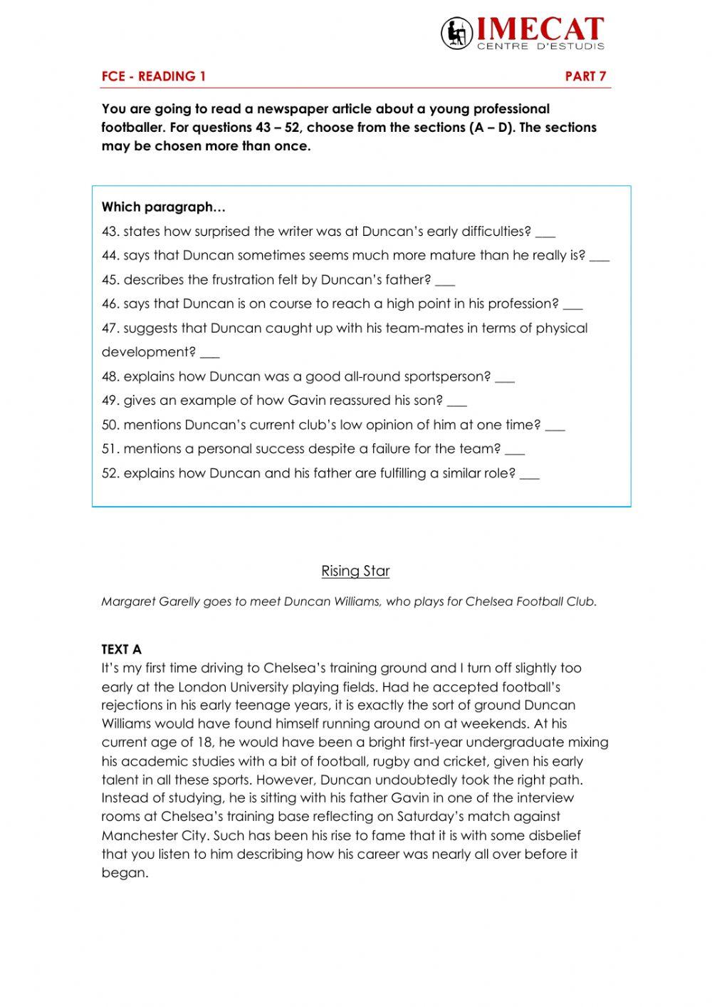 Fce - reading 1 - part 7 worksheet | Live Worksheets