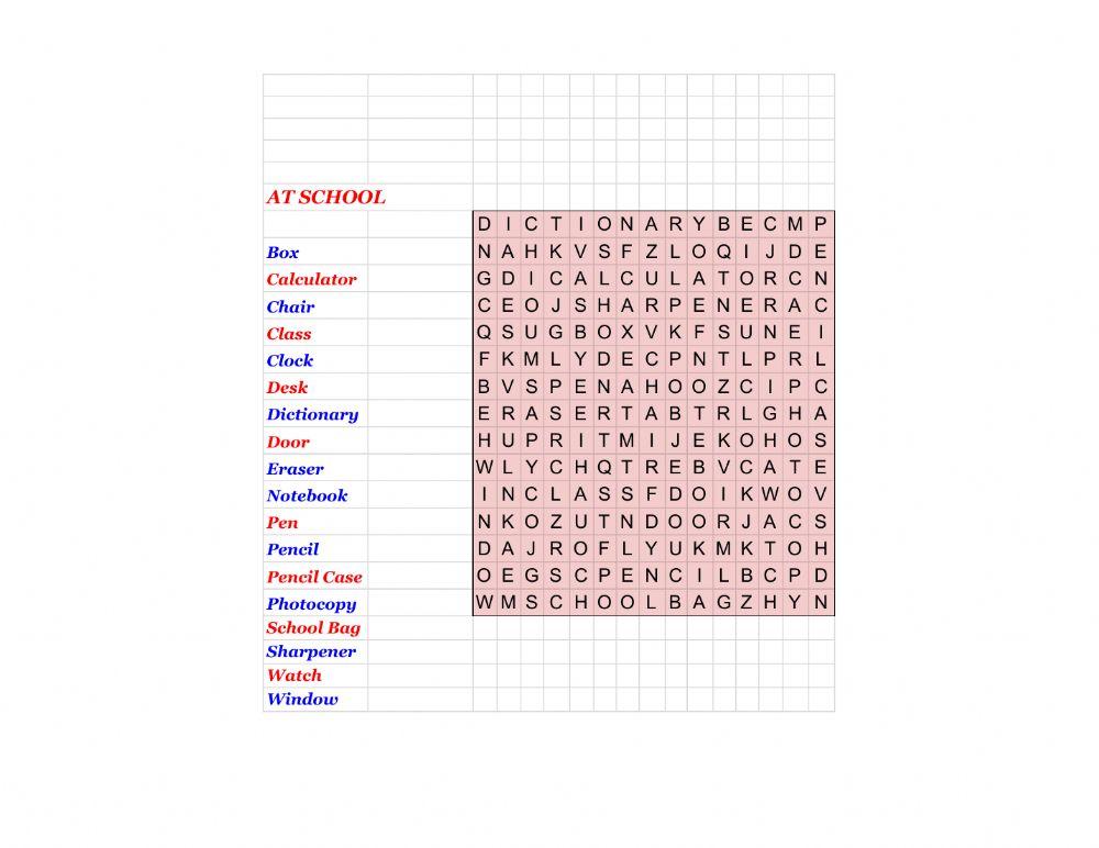 Wordsearch - GESE 2 - At School worksheet | Live Worksheets