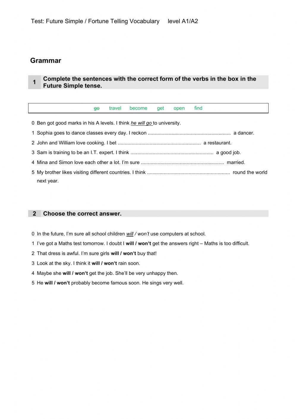 Test Future Simple-Fortune Telling Vocab worksheet | Live Worksheets