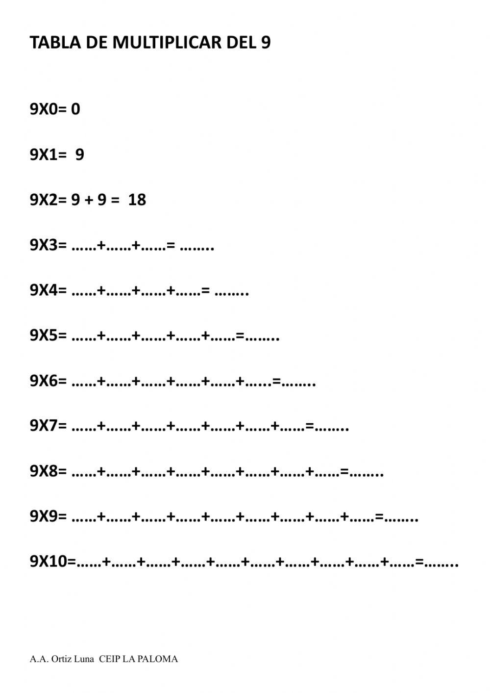 Tabla multiplicar 9 224480 | aortlun | Live Worksheets