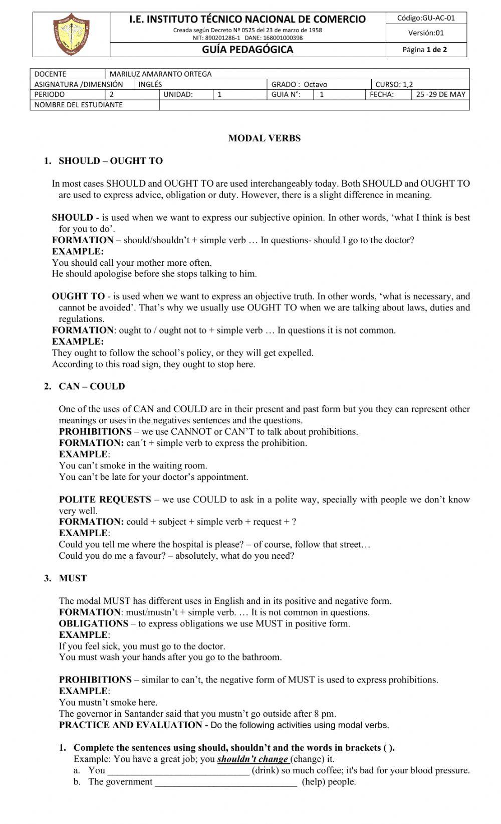 MODAL VERBS 8TH | Free Interactive Worksheets | 5728676