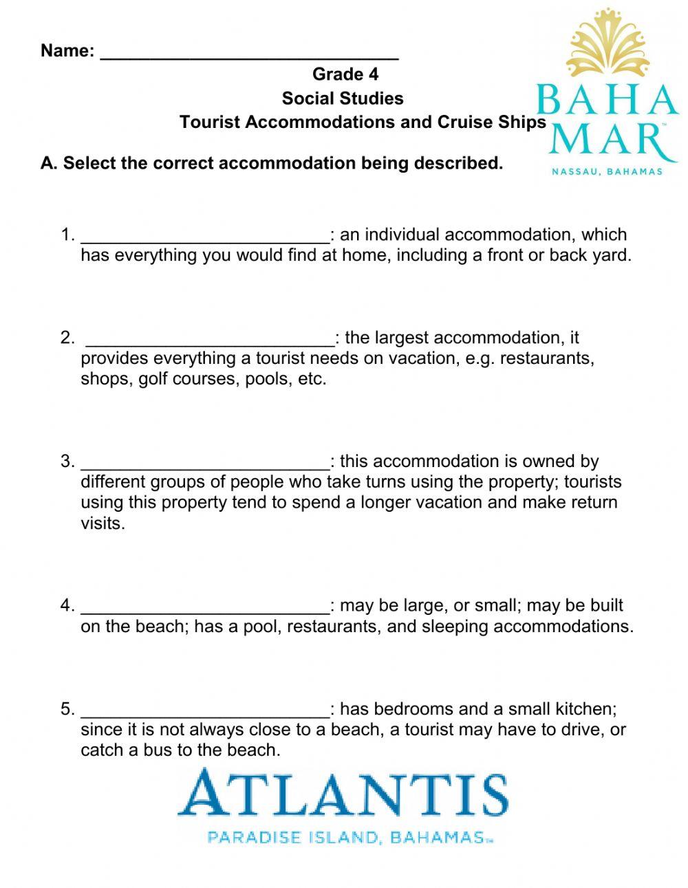 TOURIST ACCOMMODATIONS AND CRUISE SHIPS online exercise for | Live ...