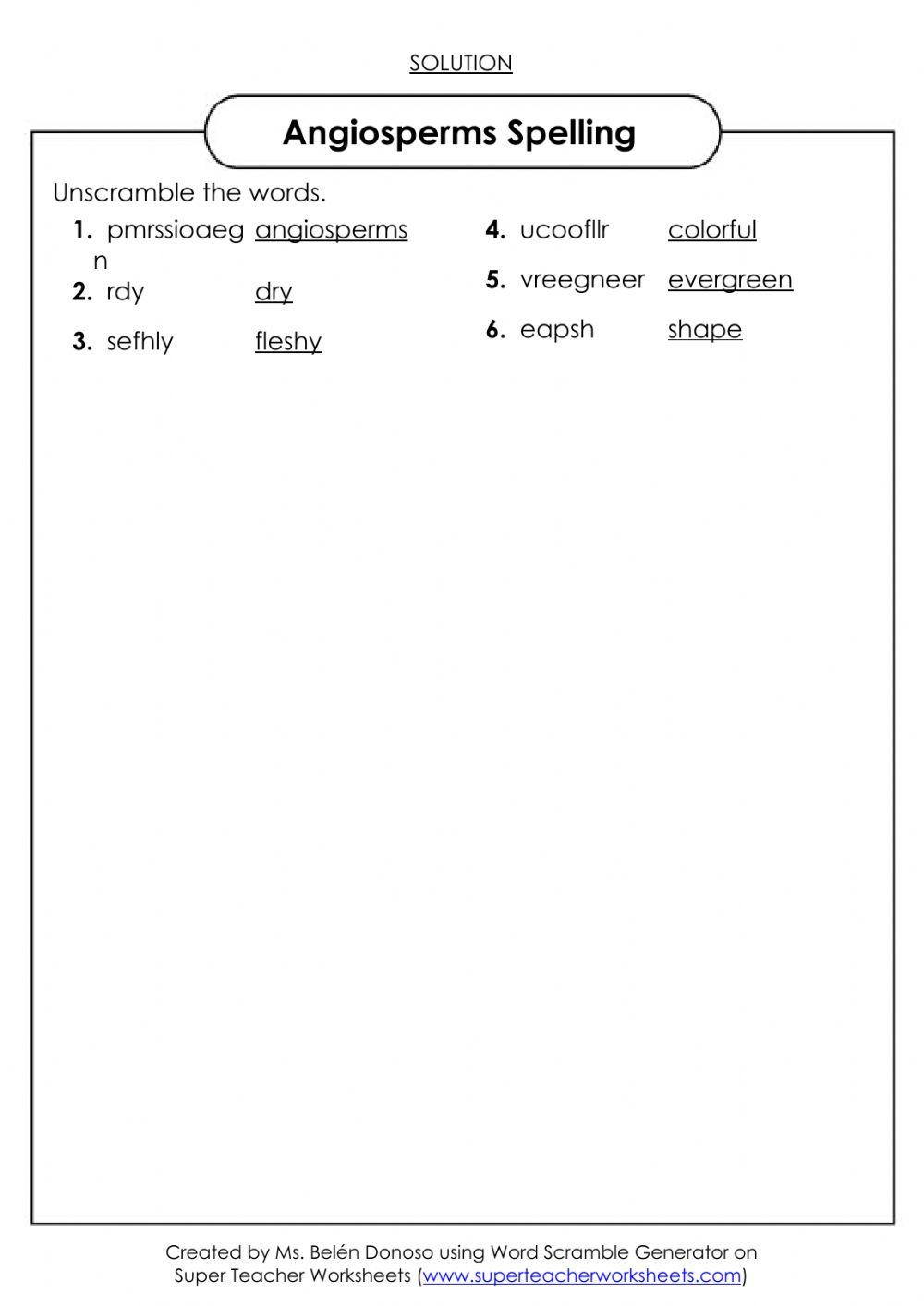 Angiosperms spelling worksheet | Live Worksheets