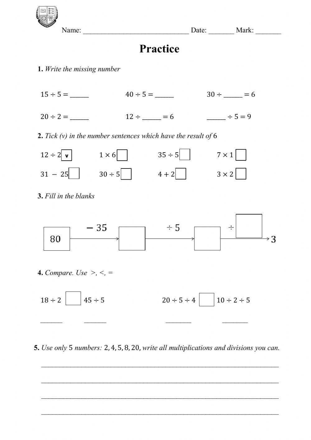 Practice on class: 5 as a divisor worksheet | Live Worksheets