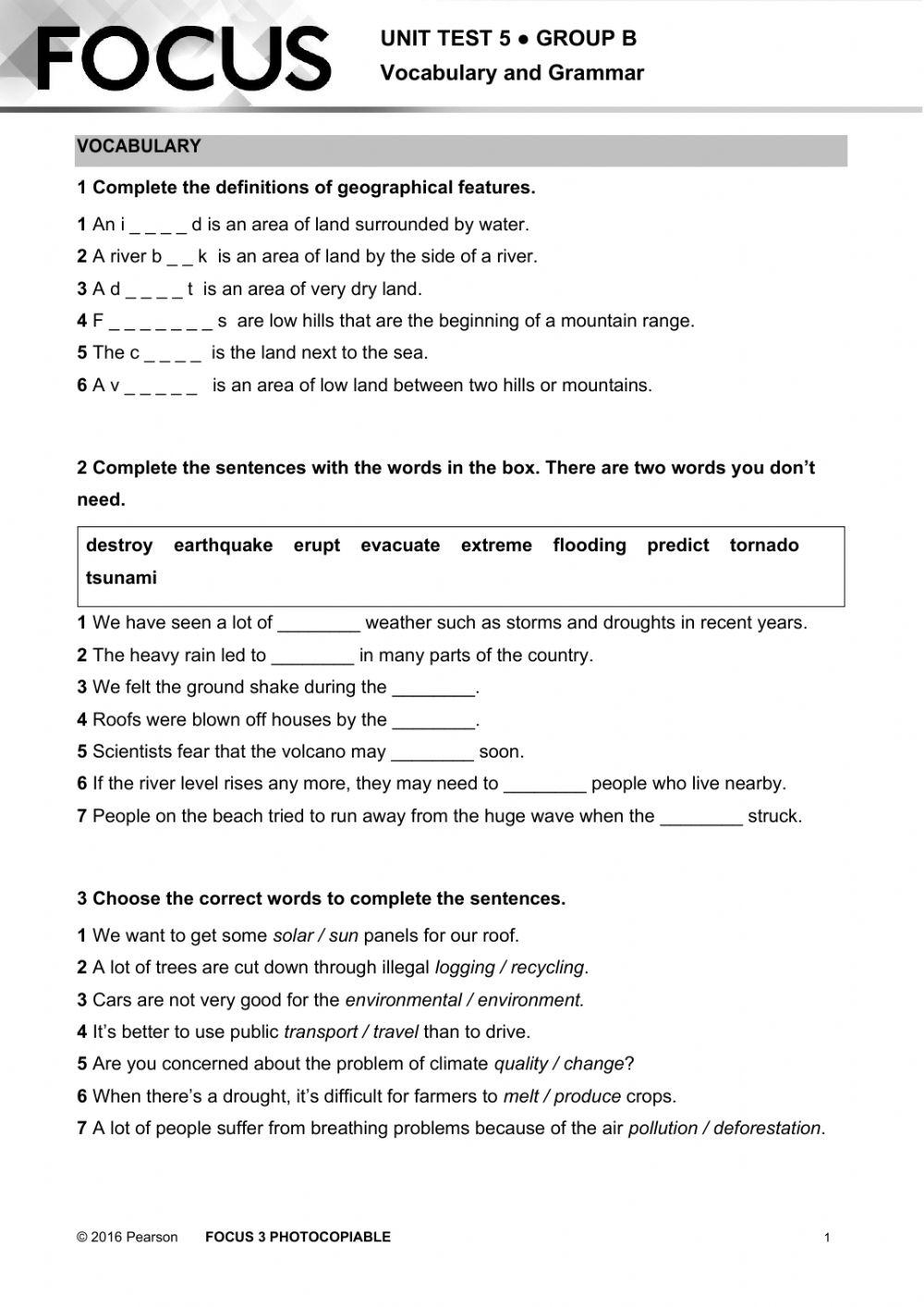 Focus 3, unit 5, test B, voc online exercise for | Live Worksheets
