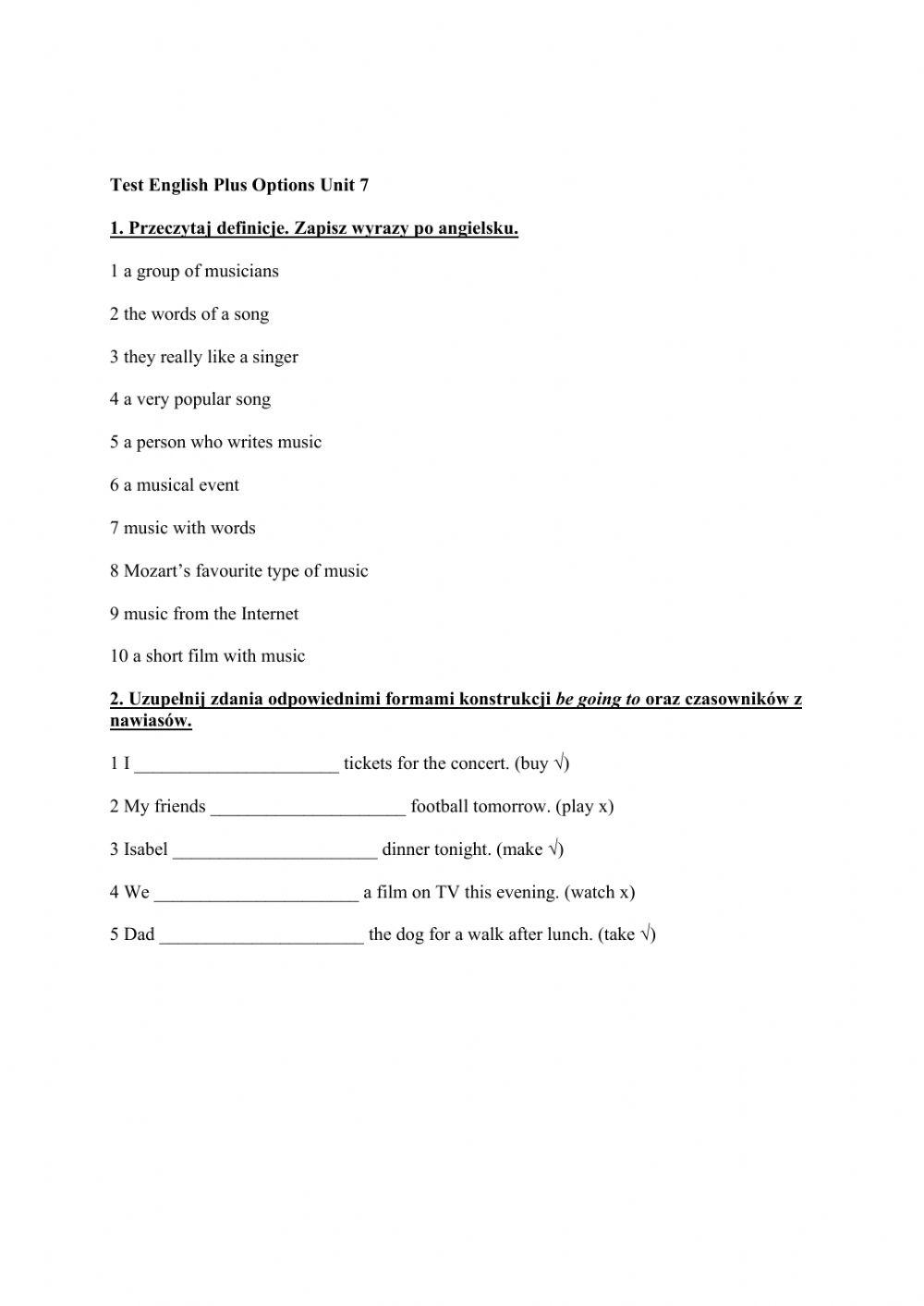 Test unit 7 english plus options worksheet | Live Worksheets