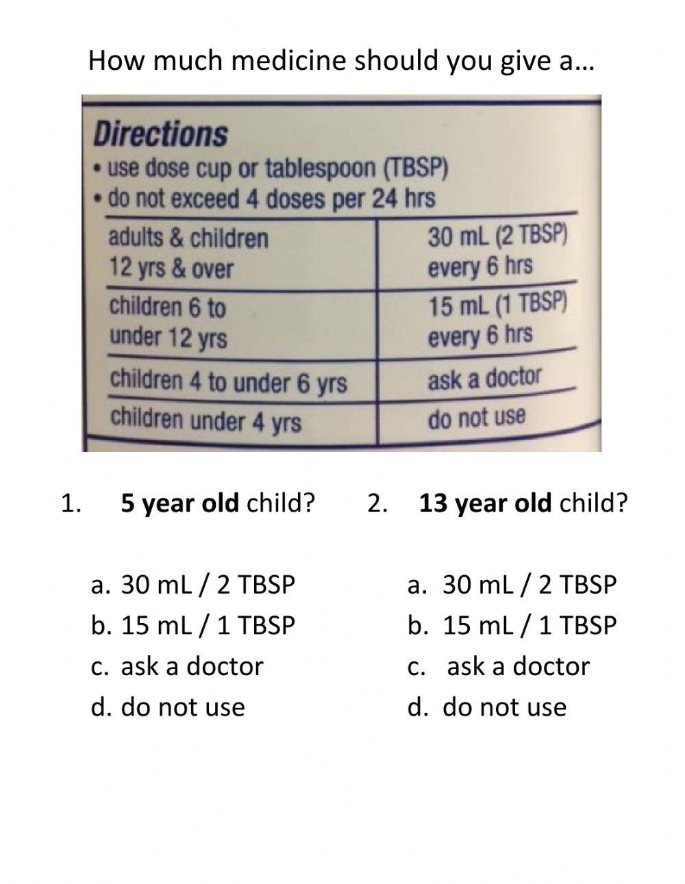 Read a medicine dose chart online exercise for | Live Worksheets